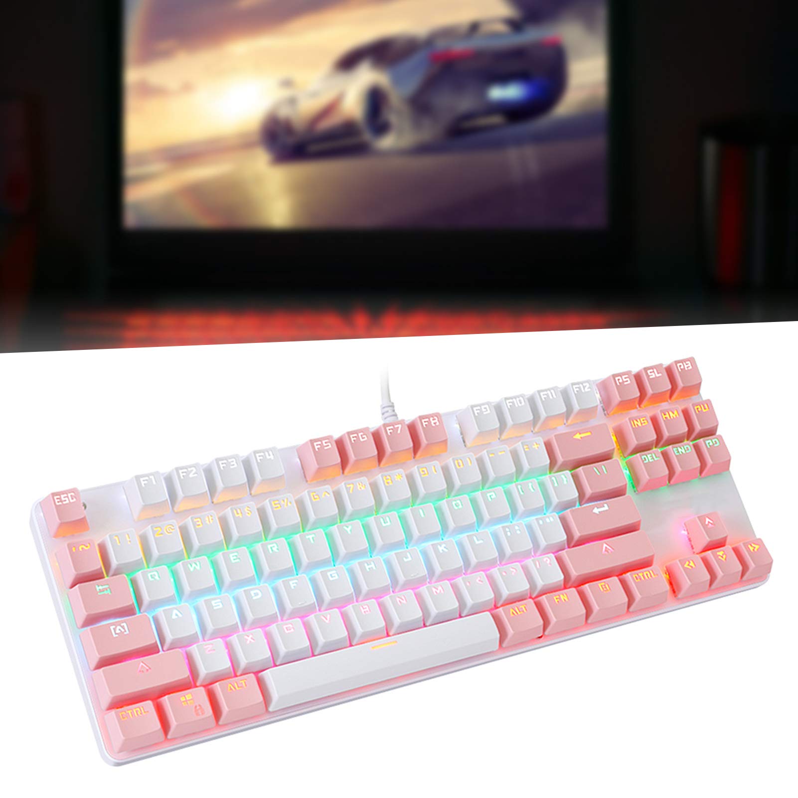 Wired Mechanical Gaming Keyboard, Backlit Keyboard Pink Antighosting 87 Key Mixed Light Cute Keyboard, for Professional Gamers and Typists(White Pink)