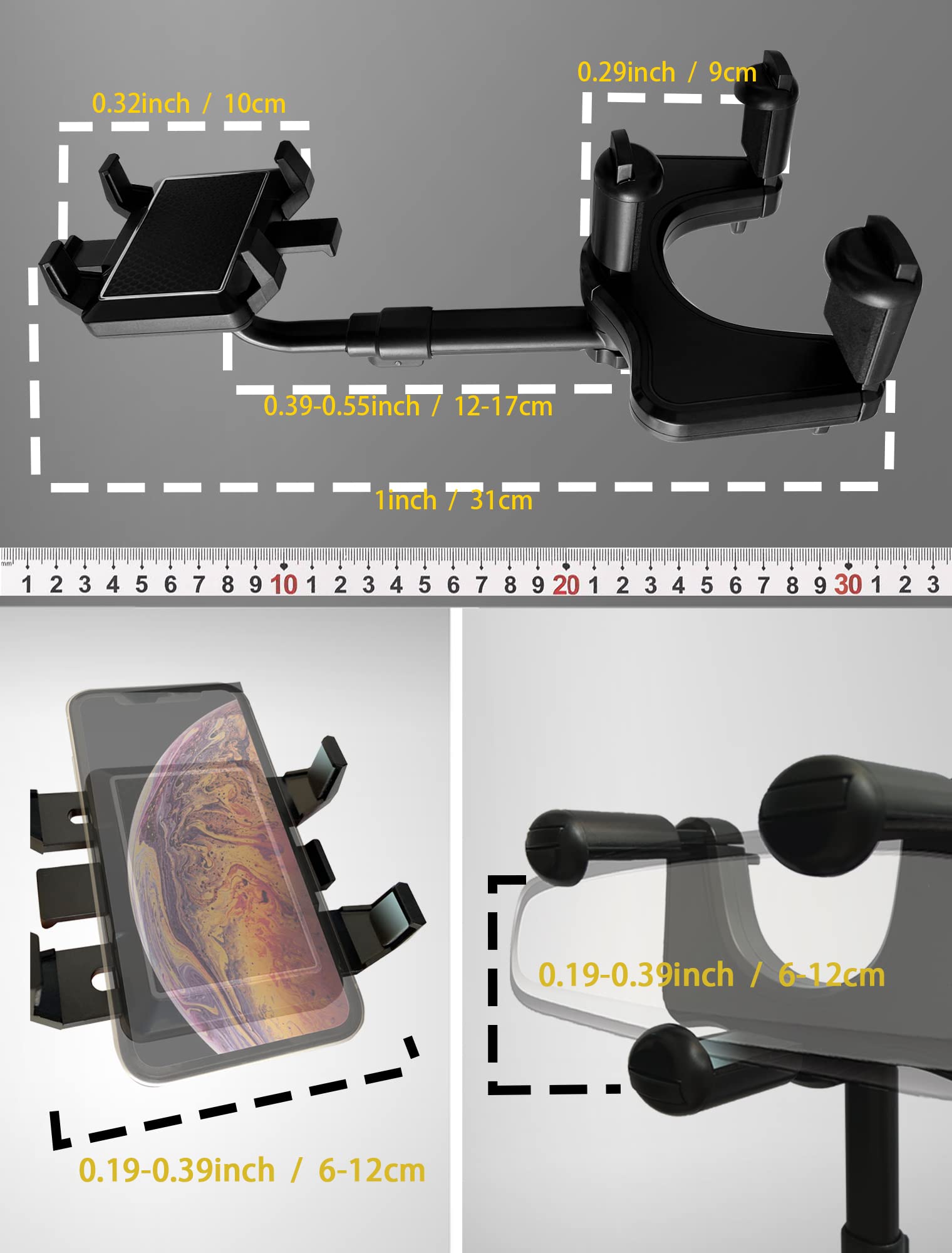 360°Rotatable and Retractable Car Phone Holder, Multifunctional Adjustable Mount, Universal Rearview Mirror Phone Holder for All Mobile Phones