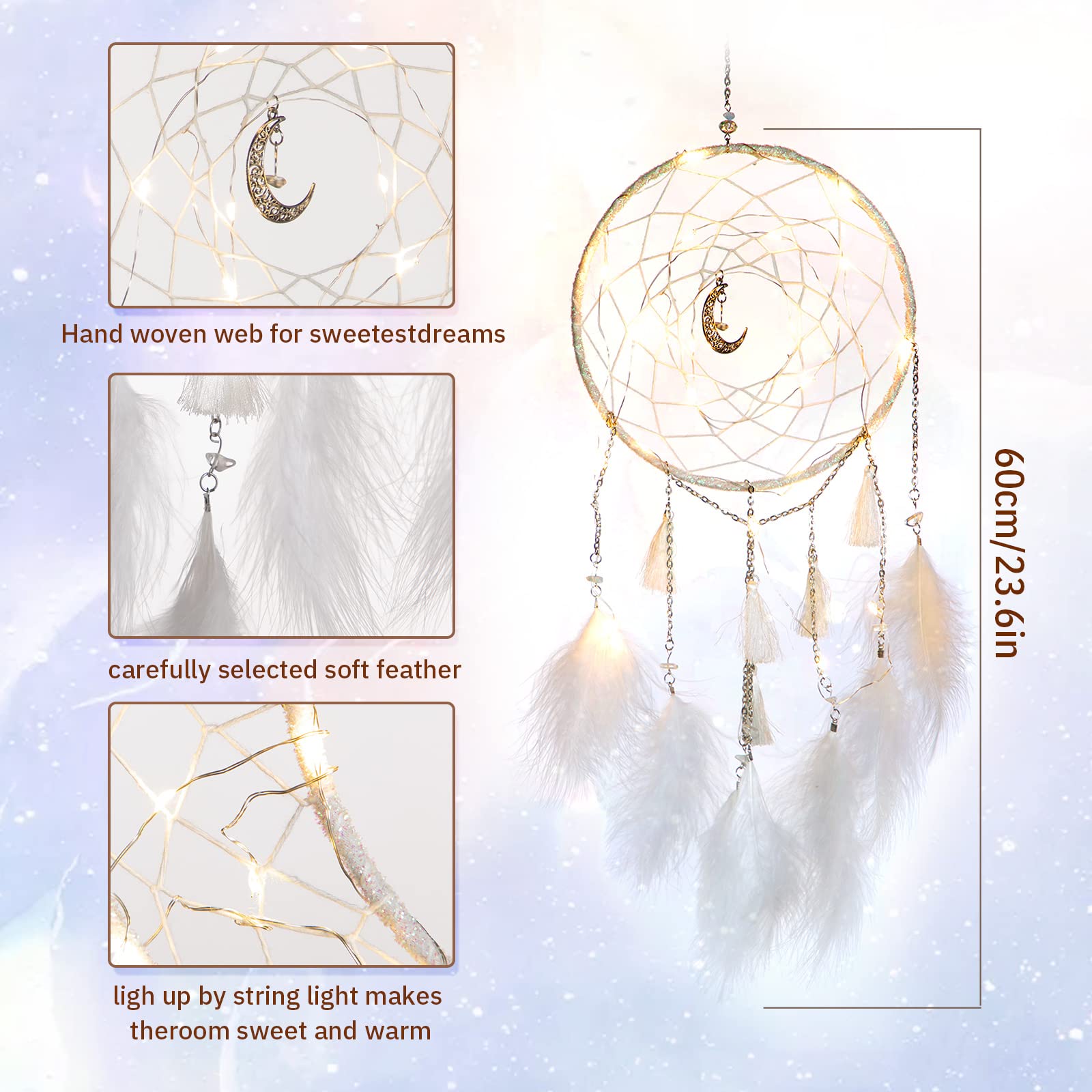 3 Pieces LED Dream Catcher Handmade Chain Dream Catcher Moon Sun Star Bohemian Design Home Decor for Wall Hanging Home Decoration