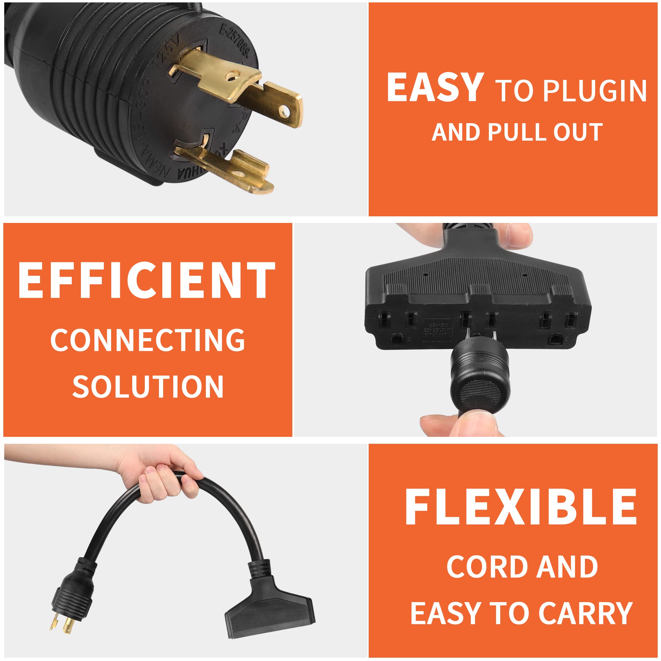 30Amp Generator Power Cord YACSEJAO 1.5FT 10AWG NEMA L5-30P to 3 Outlet 5-15R Female 30 Amp to 15 Amp Generator Adapter Cable with Twist Lock