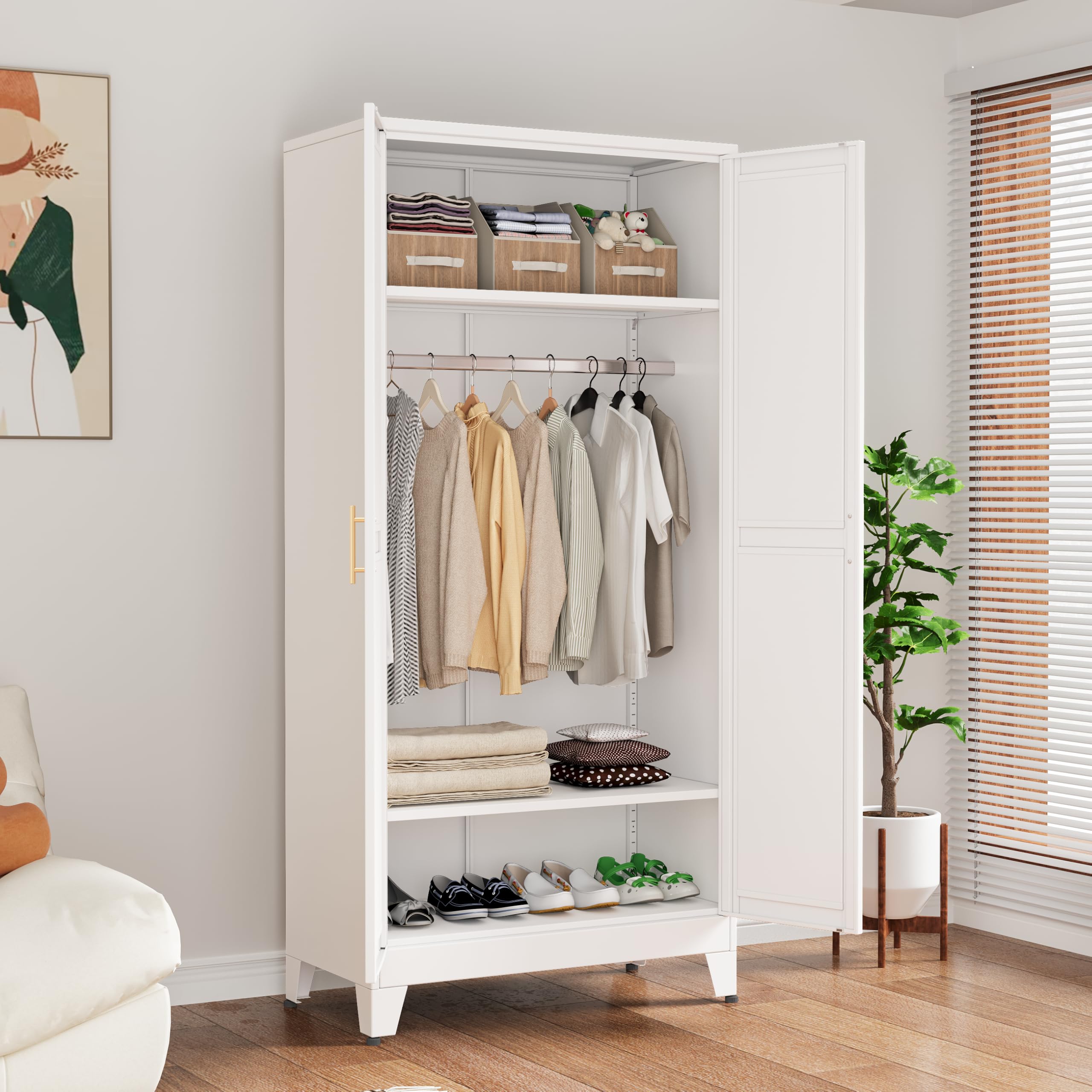 70.9" H Metal Armoire Wardrobe Closet, Adjustable Shelve, Clothes Drying Pole, Steel Wardrobe Cabinet for Bedroom (White)