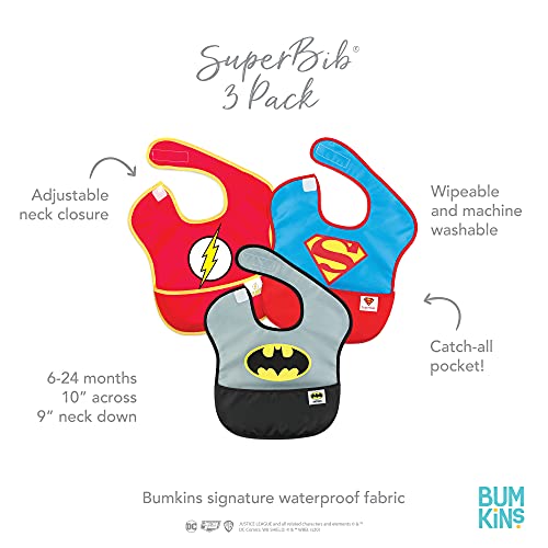 Bumkins DC Comics, Batman, Superman, The Flash, SuperBib, Baby Bib, Waterproof, Washable, Stain and Odor Resistant, 6-24 Months (Pack of 3)