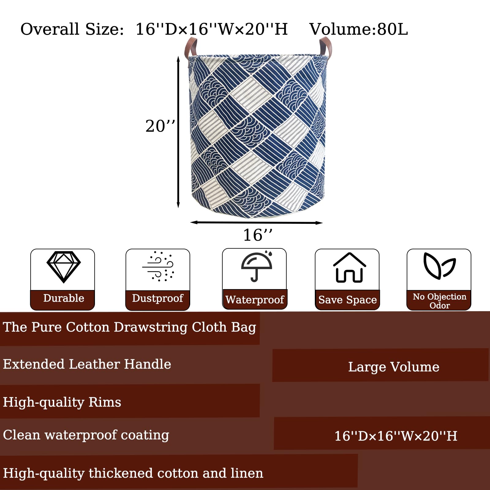 80L Large Laundry Hamper in Family,Waterproof Laundry Basket in Dorm,Leather Handle Laundry Bag in Nursery,Collapsible Clothes Storage Toy Organization for Bathroom Bedroom Laundryroom