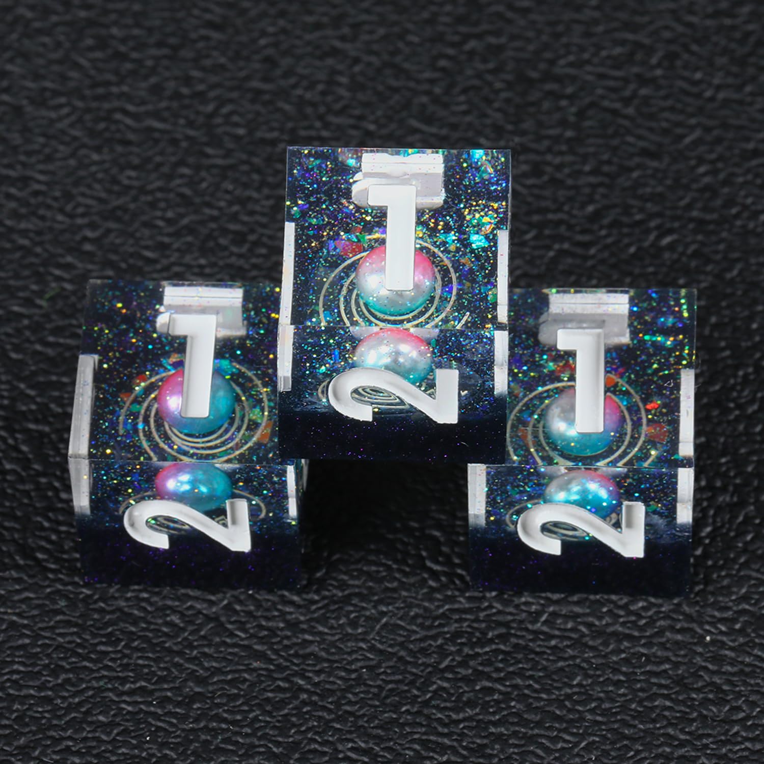 AUSPDICE DND Dice Set Handcrafted Designer 7-Die Polyhedral RPG Dice with Sharp Edges and Beautiful Inclusions for Aesthetic Conscious Tabletop RPG Player Galaxy Series (Dark Color)