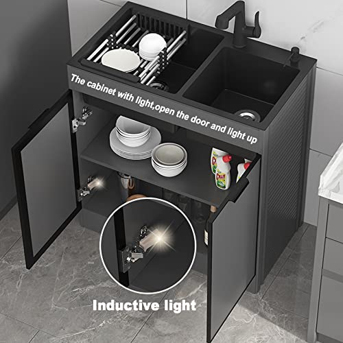 Black Utility Sink,Commercial Sink Kitchen,Laundry Sink with Cabinet,High Arc Stainless Faucet,for Room, Restaurant,Kitchen,Utility Room, Garage, Basement, Outdoor and Indoor. ( Size : 68*45 Cold hot+