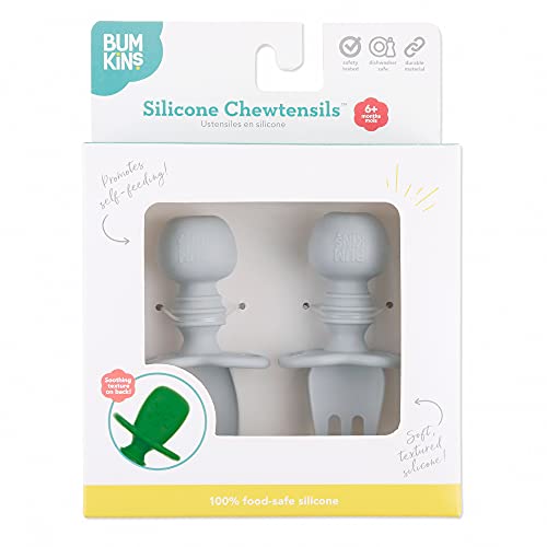Bumkins Utensils, Silicone Chewtensils, Baby Fork and Spoon Set, Training Utensils, Baby Led Weaning Stage 1 for Ages 6 Months+ in Gray 2 Count (Pack of 1)