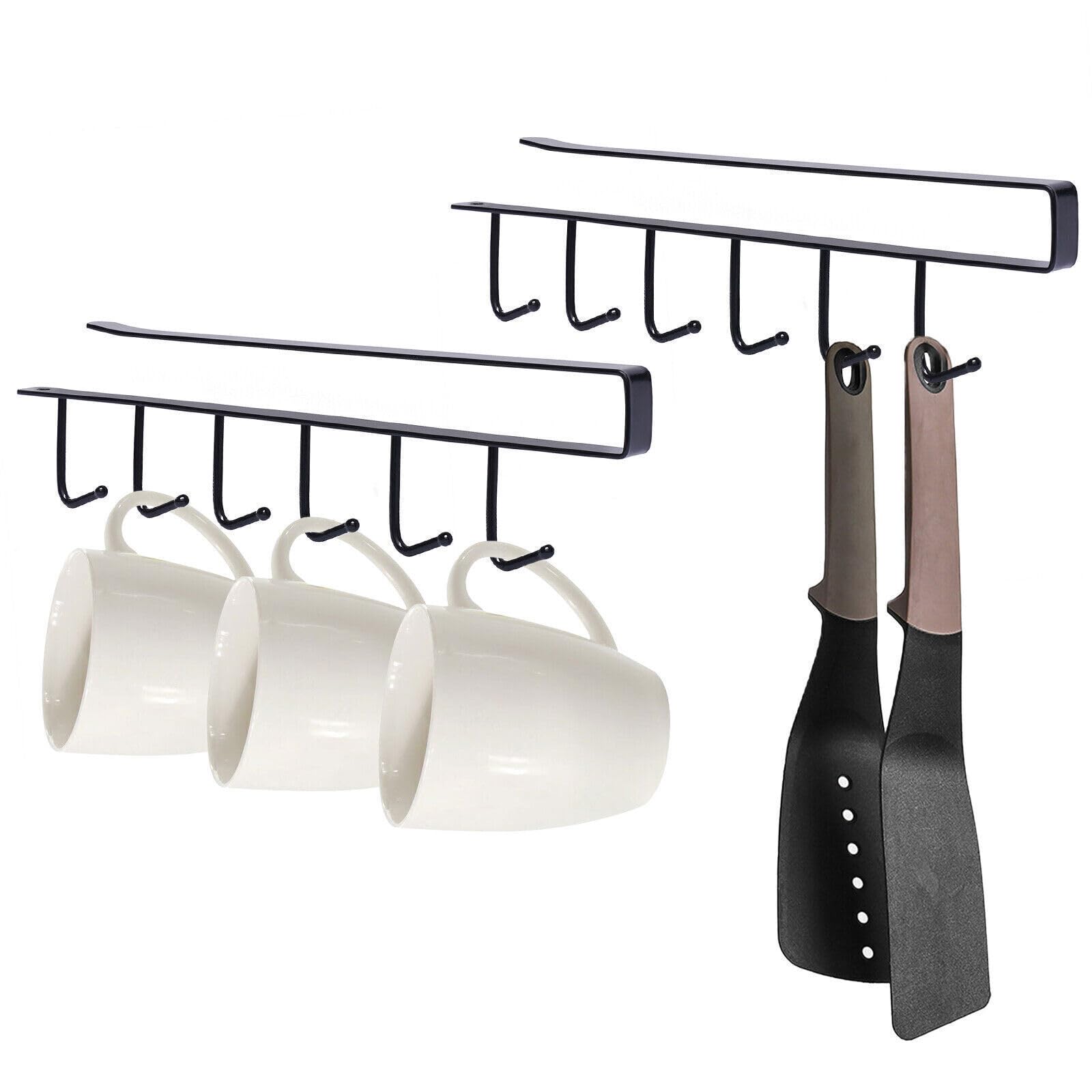 2PCS Kitchen Hook, 6-Hooks Mug Hooks, Mug Holder Rack Under Cabinet, Cups Wine Glasses Storage Hooks, Coffee Cup Mug Holder, Mug Hooks Under Shelf, Racks Under Cabinet, for Flat Buttom Cabinet