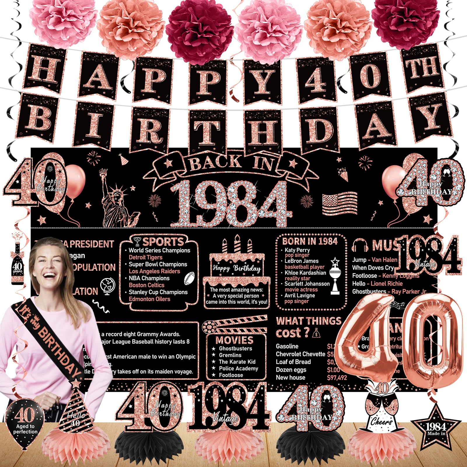 40th Birthday Decorations for Women, 21pcs Back in 1984 Banner Party Supplies, Rose Gold 40 Year Old Birthday Backdrop, Vintage 40 Birthday Honeycomb Centerpiece Hanging Swirls Balloon Sash Gifts