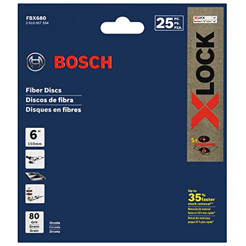 BOSCH FBX680 25-Pack 6 In. X-LOCK Medium Grit Abrasive Fiber Discs 80 Grit Compatible with 7/8 In. Arbor for Applications in Metal Surface Finishing, Weld Blending, Rust Removal