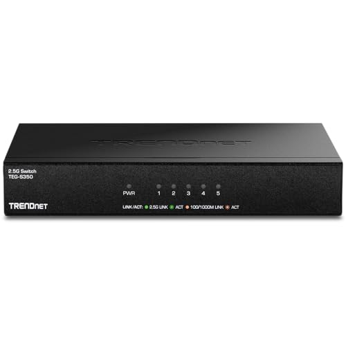 TRENDnet 5-Port Unmanaged 2.5G Gaming Switch, 5 x 2.5GBASE-T Ports, 25Gbps Switching Capacity, Backwards Compatible with 1000Mbps Devices, Fanless, Wall Mountable, Lifetime Protection, Black,TEG-S350