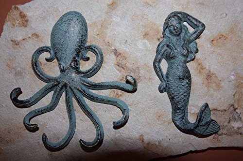 Cast Iron Home Decor Collectibles Vintage-Style Bronzed-Look Mermaid Octopus Bath Wall Hook Set, Bundle 2 Items