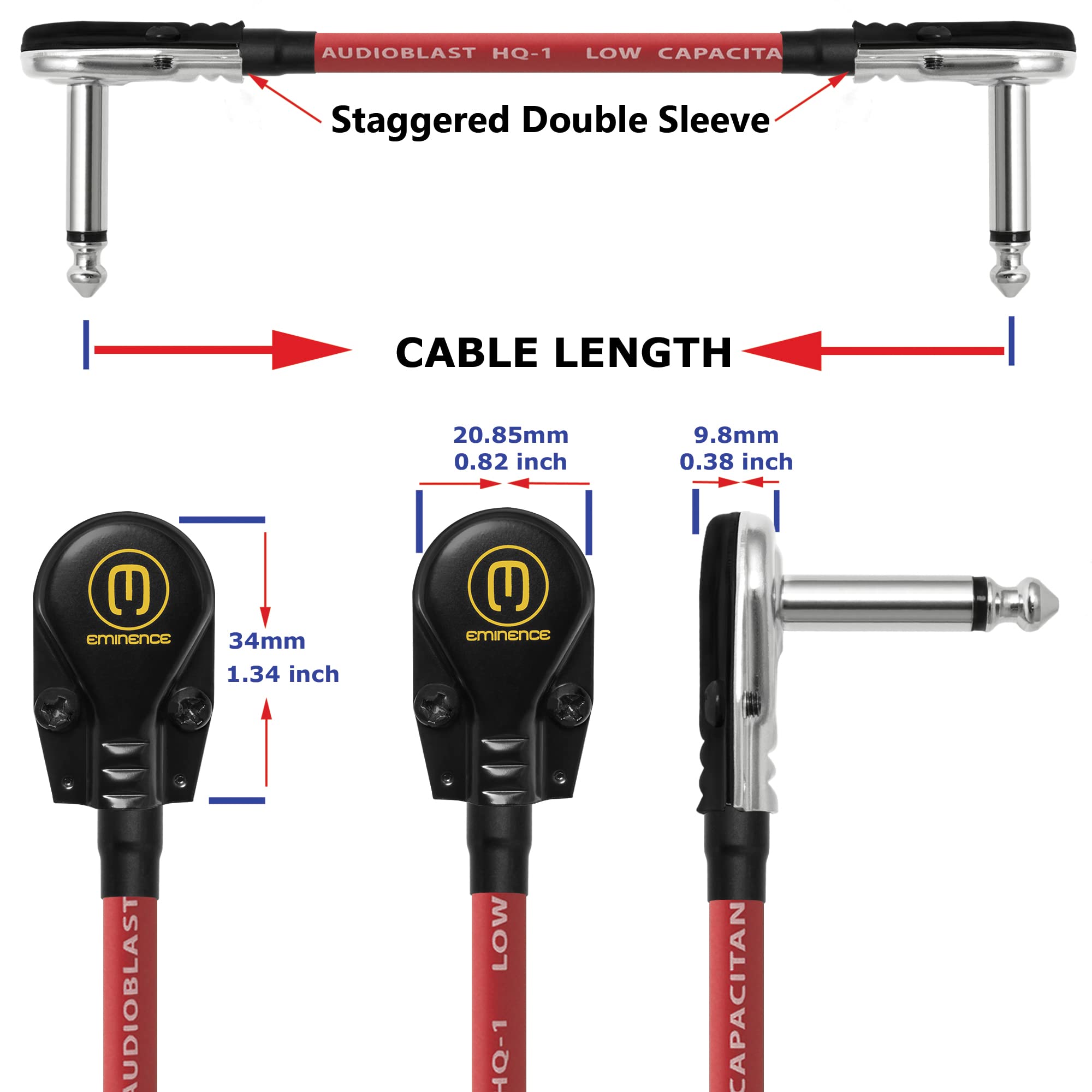 Audioblast - 6 Units - 6 Inch - HQ-1 (Red) - Ultra Flexible - Dual Shielded (100%) - Instrument Effects Pedal Patch Cable w/ ¼ inch (6.35mm) Low-Profile, R/A Pancake TS Plugs & Dual Staggered Boots