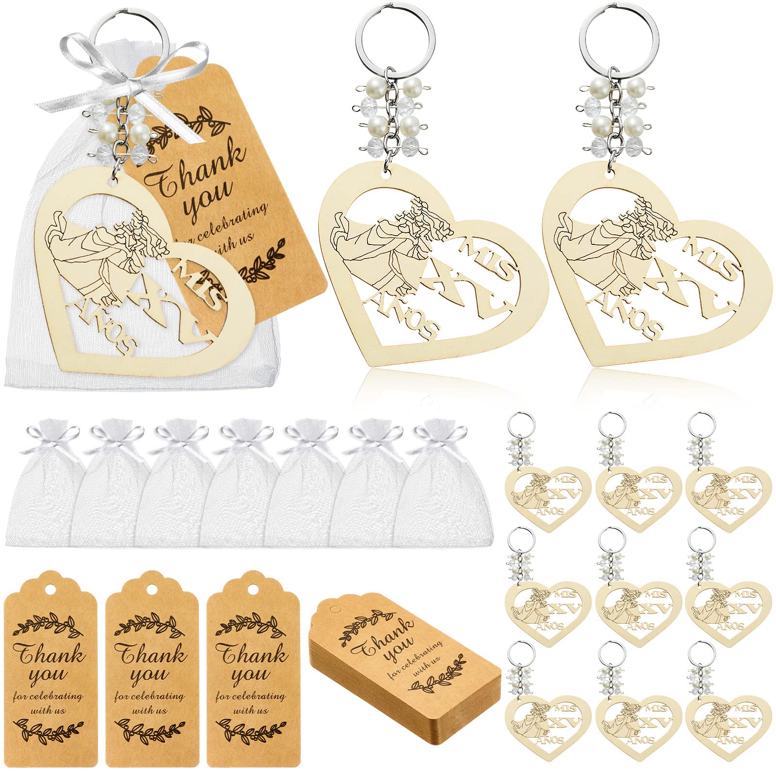 36 Sets Recuerdos De 15 Quinceañera Wooden Heart Shape Keychain Quinceañera Party Favors Heart Keychain with Organza Bags and Thank You Tags Quinceanera Souvenirs for Guests Birthday Gifts