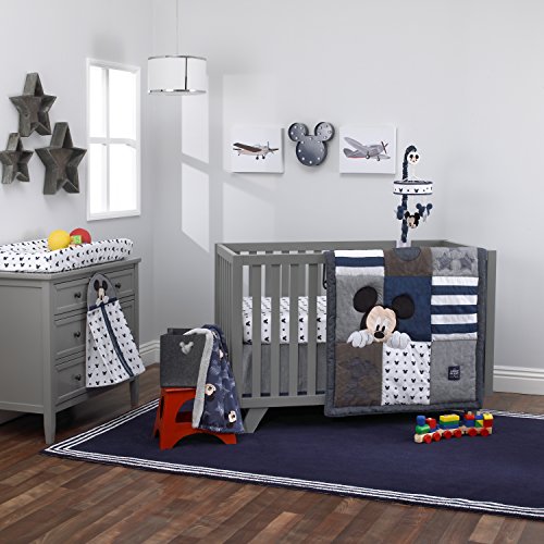 Disney Mickey Mouse Hello World Star/Icon Super Soft Double Sided Velour/Sherpa Baby Blanket, Navy, Grey, White