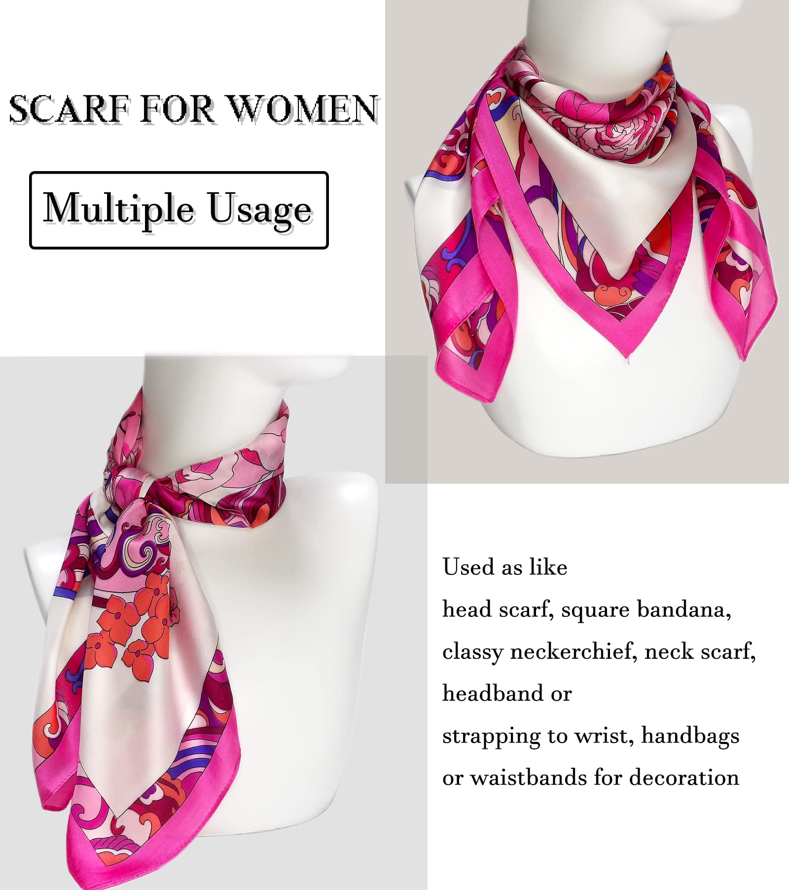27.5'' Silk Feeling Scarf Medium Square Satin Head Neck Scarf for Women Hair Sleeping at Night,16-Pink