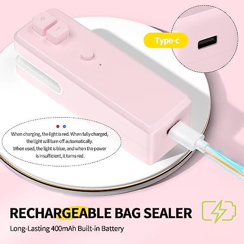 Bag Sealer Mini, 3 in 1 Mini Bag Sealer Heat Seal with Cutter & Magnet, Rechargeable Mini Chip Bag Vacuum Sealer Machine for Reseal Plastic Bags & Keep Snacks Fresh, Portable Kitchen Gadget (PINK)