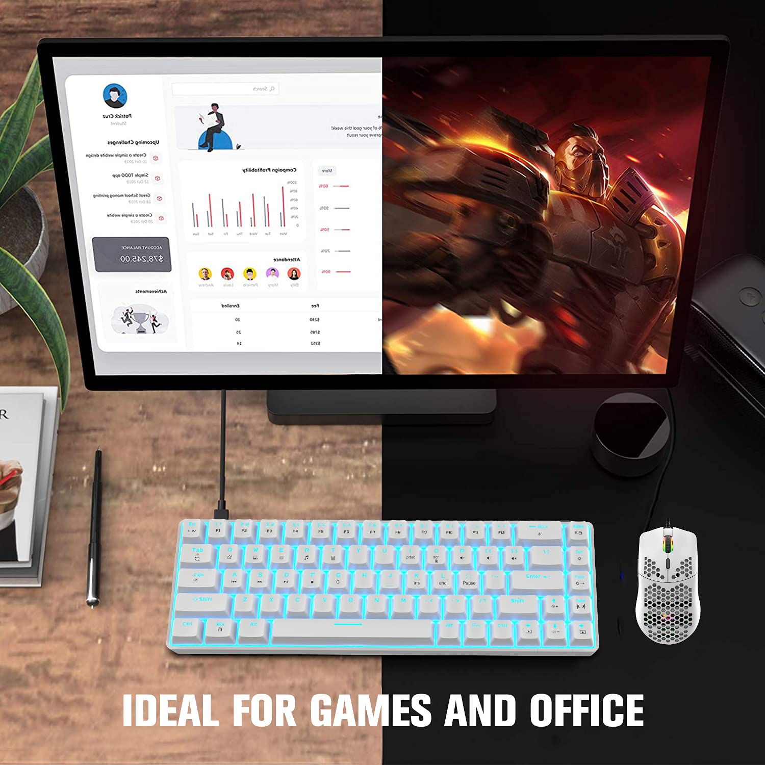 60% Mechanical Gaming Keyboard and Mouse Combo RGB Backlight Ultra-Compact Ergonomic Anti-ghosting 68 Keys 6400DPI Silent Honeycomb Mice Type-C Wired for Computer Mac Gamer