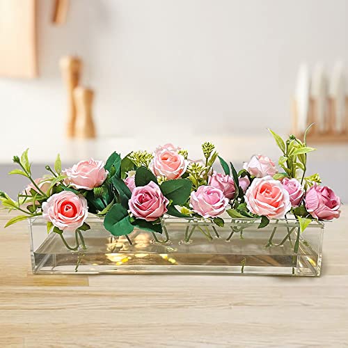 2Pcs Acrylic Flower Vase Rectangular Clear Acrylic Modern Vases- Total 24 Inches Long Rectangular Floral Centerpiece Low Decoration Vase for Dining Table Halloween Party Decor Wedding(24Holes)
