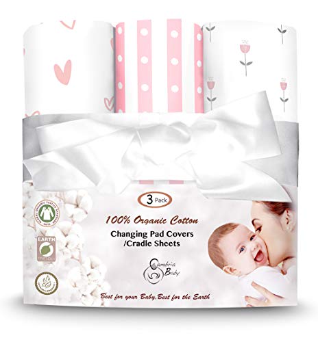 Cambria Baby 100% Organic Cotton Changing Pad Covers or Cradle Sheets with Reinforced Safety Strap Holes. Soft, Pre-Shrunk, and Machine Washable. Girl 3 Pk