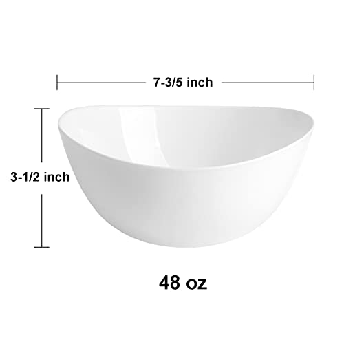 Honla 48 oz Large Salad Bowls,Set of 4 Big Plastic Bowls for Cereal,Pasta,Popcorn,Snacks,Serving Side Dishes,Dinner Parties,Oval Shape,White
