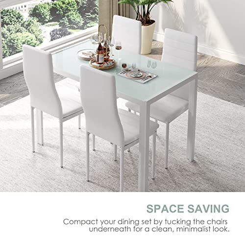 BAHOM 5 Piece Kitchen Dining Table Set for 4, Glass Dining Table and 4 Chairs PU Leather for Breakfast (White)
