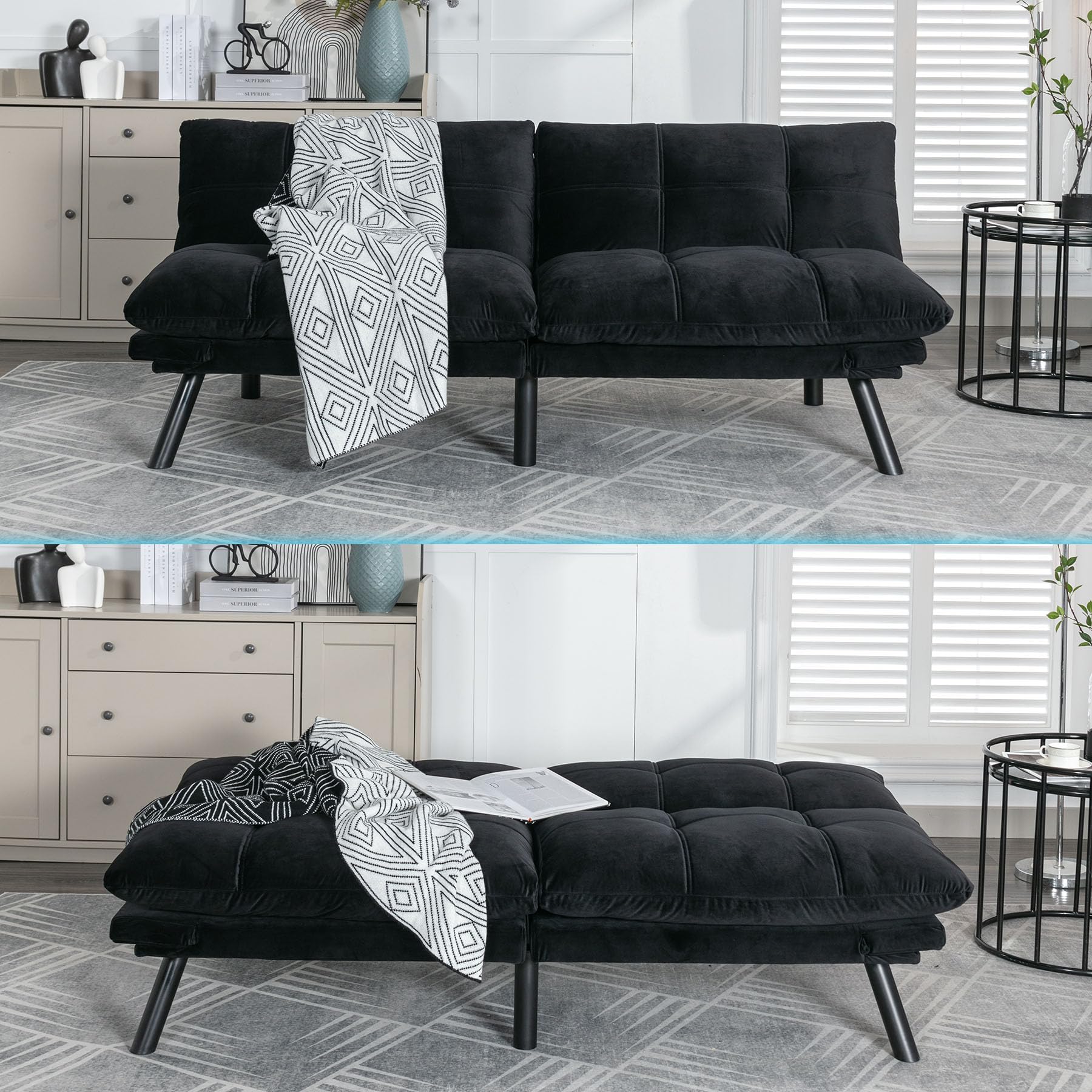 71" Velvet Futon Couch Bed with Mattress Included,Convertible Folding Sleeper Sofa Bed with Adjustable Backrests,Modern Loveseat Sleeper for Living Room Bedroom Small Space Home Office (Black-1)