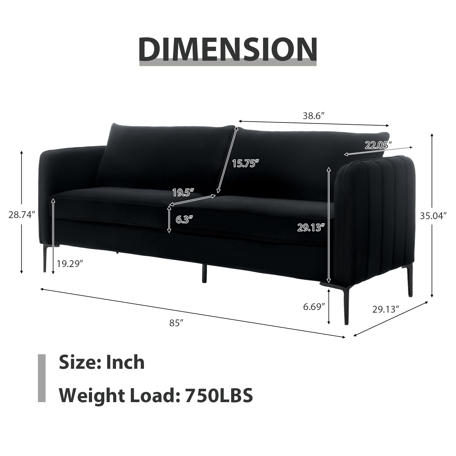 85 Inch Velvet Sofa, Mid Century Modern Comfy Upholstered Sofa Couch with Metal Legs 3 Seater Sofa High-Density Foam and 6.3 Inch Extra Thick Cushion Couch for Living Room Apartment(Black)