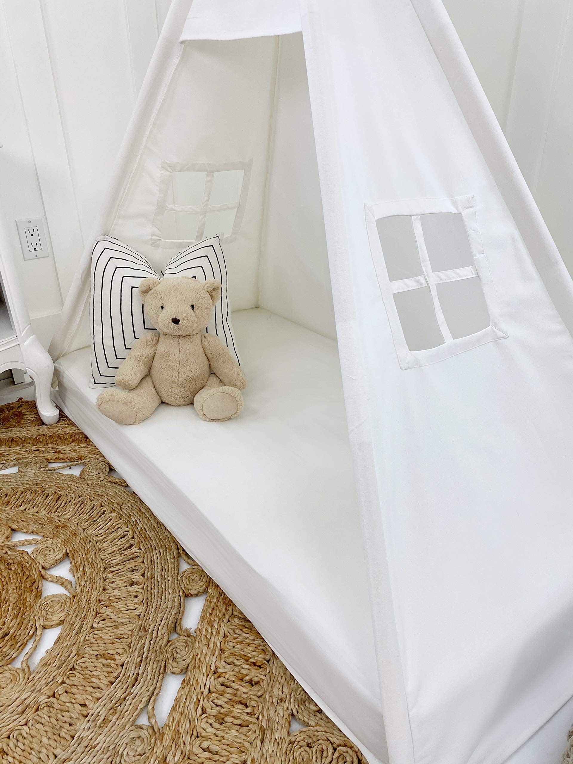 Domestic Objects | Play Tent Bed Canopy | Teepee for Mattress | 100% Cotton Canvas | Premium Quality (Crib/Cot No Door) (White)