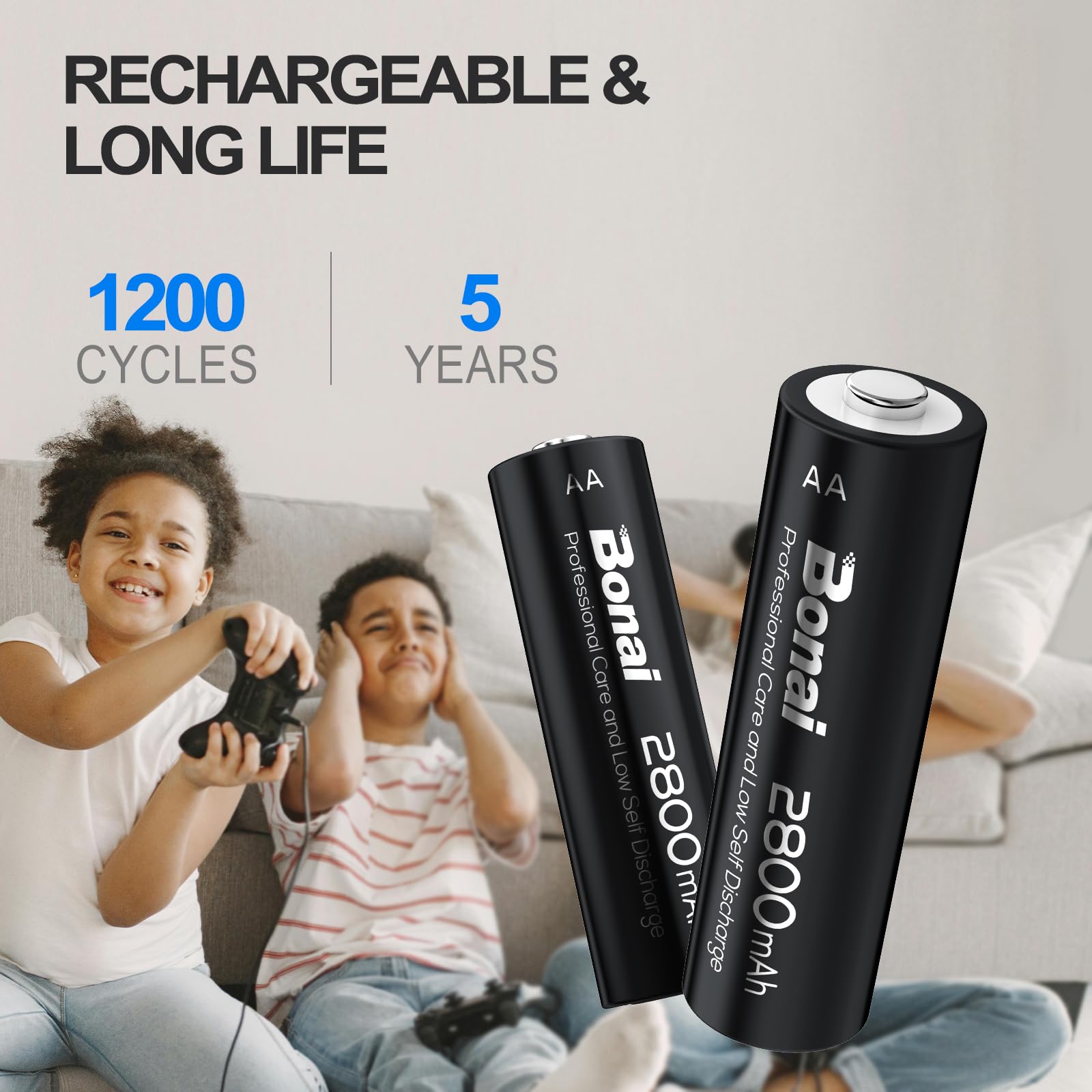 BONAI AA Rechargeable Batteries 2800mAh 1.2V Ni-MH Low Self Discharge (Pack of 8)