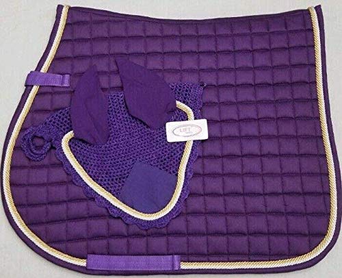 Horse English Saddle PAD with Matching Fly Bonnet with Ear NETS Breathable Cotton Handmade Full Size Stretchable Ears (Purple, Full)