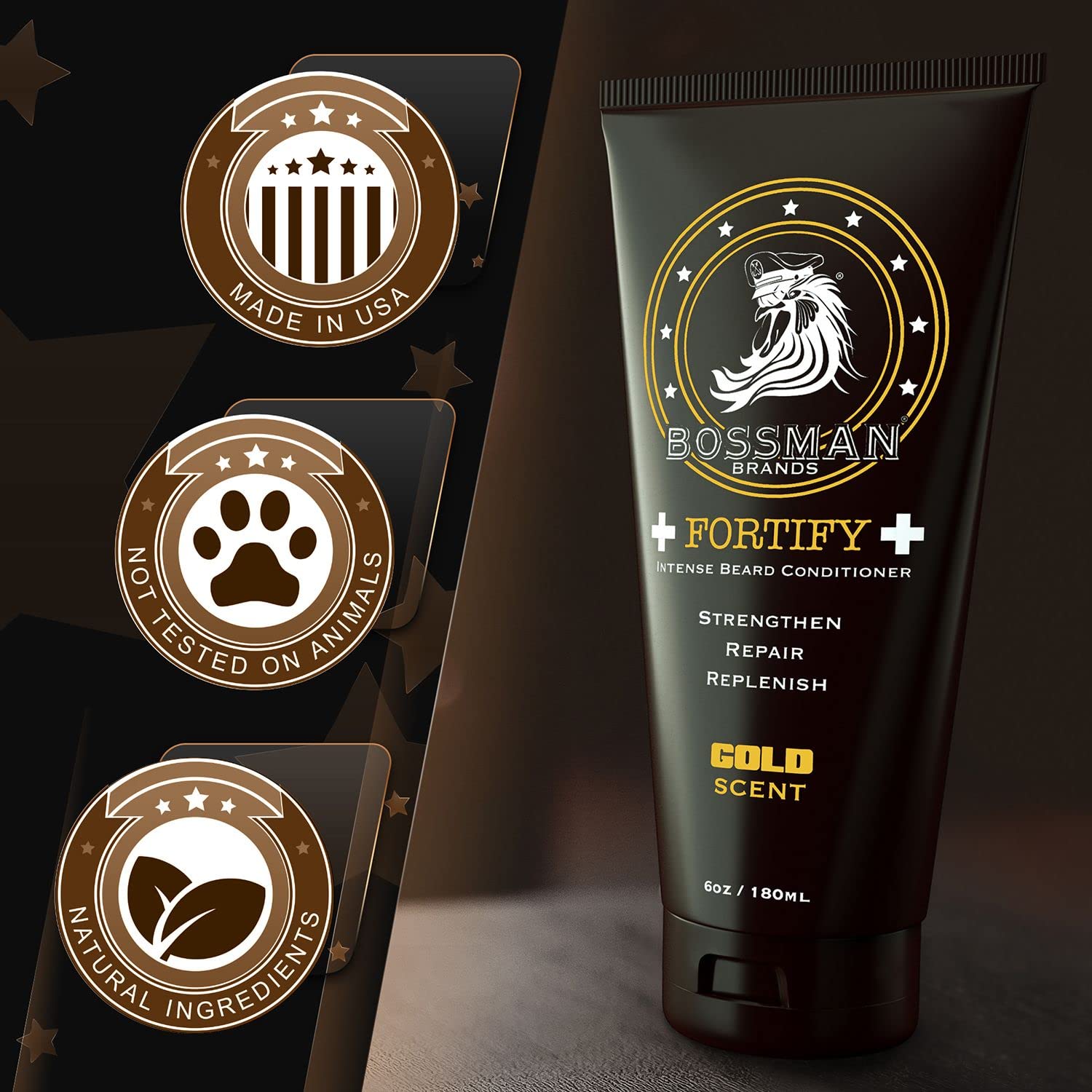 Bossman Fortify Intense Beard Conditioner - Shower Beard Wash, Moisturizer and Beard Softener for Men - Beard Growth Products - Made in USA (Gold Scent), 6 oz