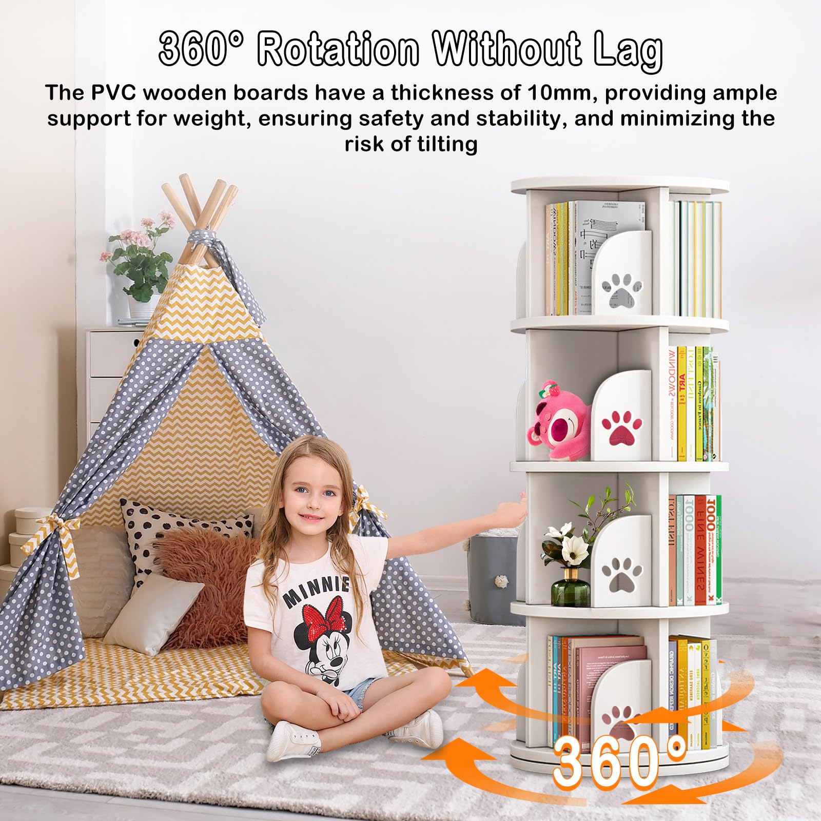 360°Rotating Bookshelf 4-Tier Large Capacity 18" Diameter Kids Bookshelf PVC Plastic Display Cabinet,Corner Bookcase Space Saving Round Spinning Storage Rack With Small Silicone Hammer (4-Tier)