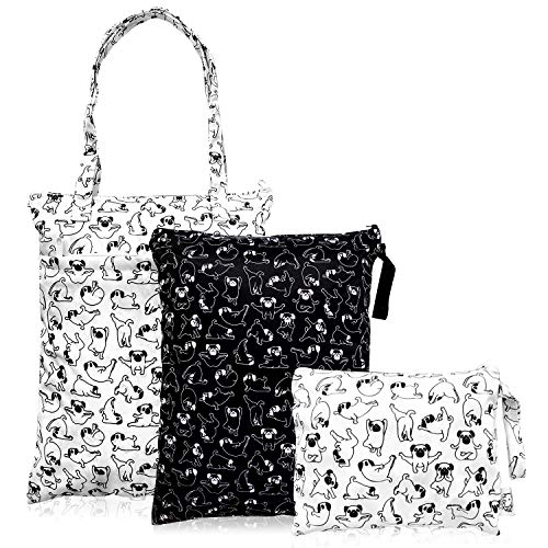 FLOCK THREE 3pcs Waterproof Wet Bag Tote Reusable Wet Clothes Baby Diapers Stroller Swimsuit Travel Reusable toiletries Pouch Small Larger Electronics case 3 Pack Dog (Yoga Dog)