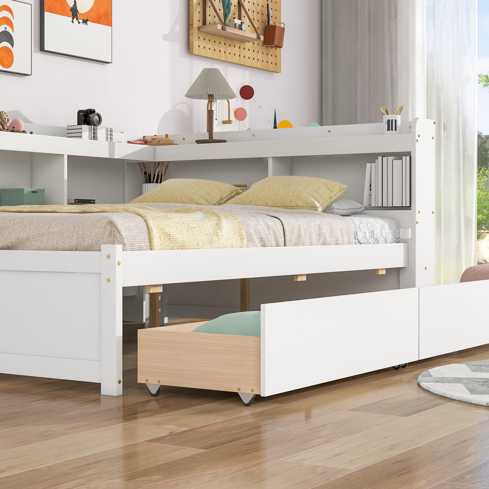 Aiuyesuo Full Size Platform Bed with L-Shaped Storage Shelfs and Bookcases, Pine Wood Day Bed with 2 Storage Drawers for Office/Living Room/Bedroom, Maximize Space (White)