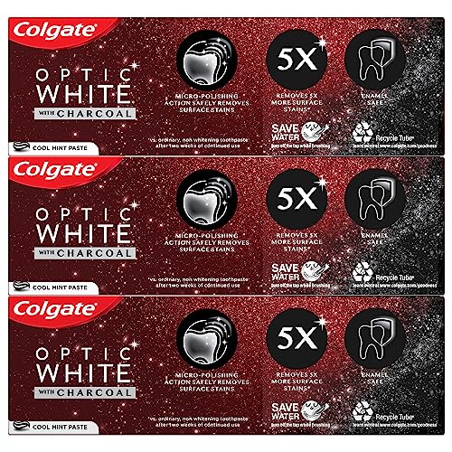Colgate Optic White with Charcoal Whitening Toothpaste, Cool Mint Flavor, Safely Removes Surface Stains, Enamel-Safe for Daily Use, Teeth Whitening Toothpaste with Fluoride, 3 Pack, 4.2 Oz Tube