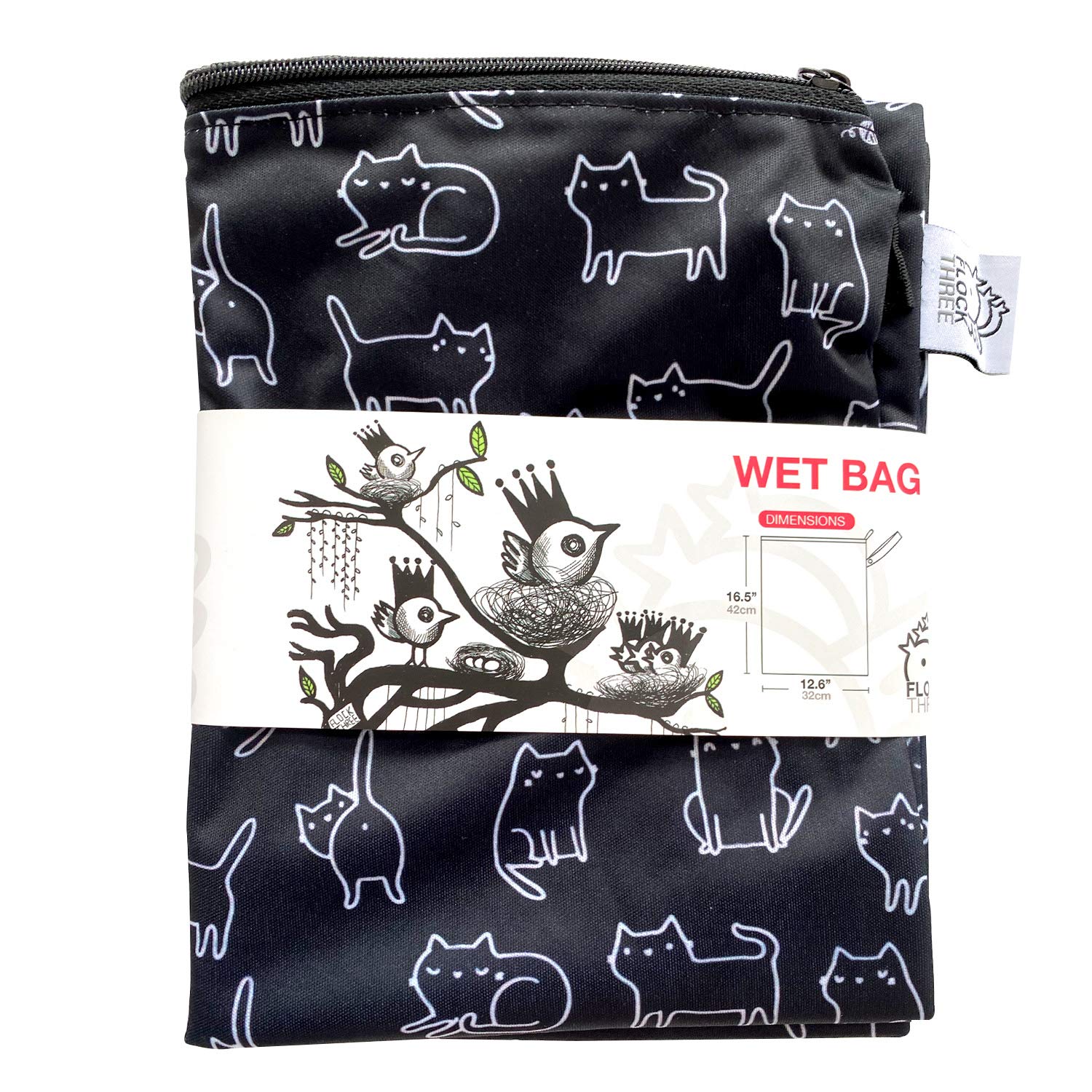 FLOCK THREE Waterproof Wet Bag Reusable for Wet Clothes Baby Diapers Stroller Swimsuit Travel Washable toiletries Pouch Large Electronics case 12.6'' x 16.5'' (Black Cats)
