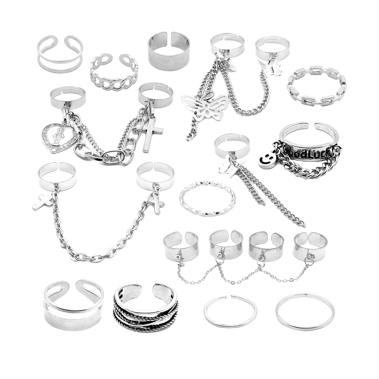 17Pcs Adjustable Punk Chain Rings Set, Vintage Knuckle Gothic Rings Set Alloy Biker Obsidian Chain Open Rings, Stackable Hollow Carved Finger Rings Midi Rings Joint Jewelry for Women (Silver)