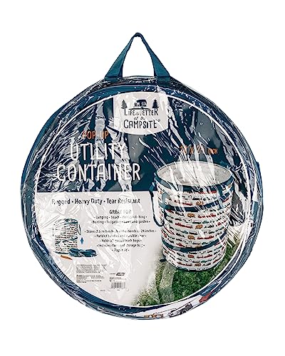 Camco Life Is Better at the Campsite Camper/RV Pop-Up Utility Container | Features Multi-Color Camping Themed Design & Holds 30-Gal. Kitchen-Size Trash Bags | Includes Heavy-Duty Stake (42986)