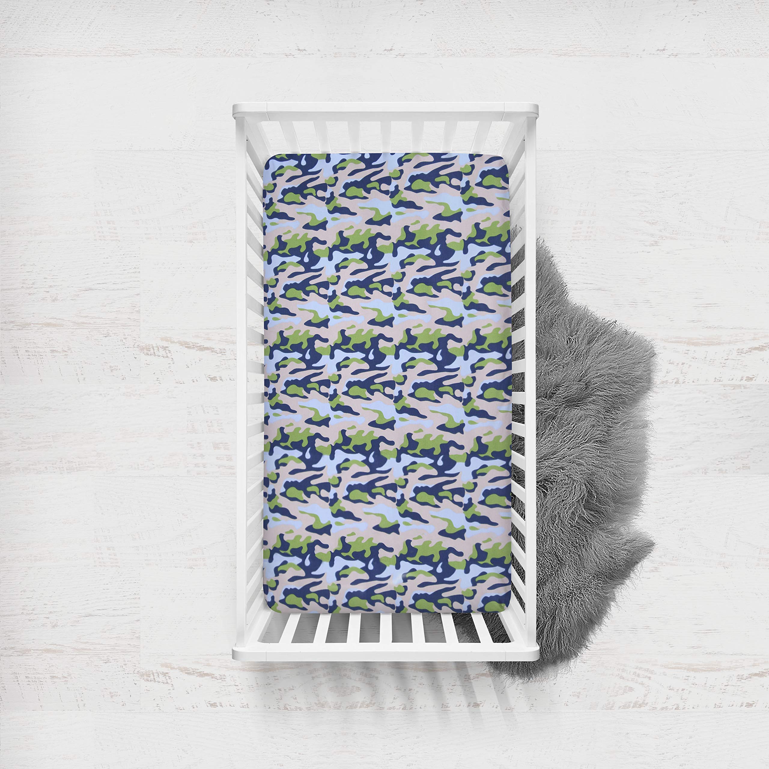 Bacati - 2 Pack Crib Fitted Sheets - CAMO Blue Navy Green Beige Soft Breathable 100% Cotton Percale Baby Sheets - Fits Standard 28 x 52 X 5 inches Crib & Toddler Mattresses