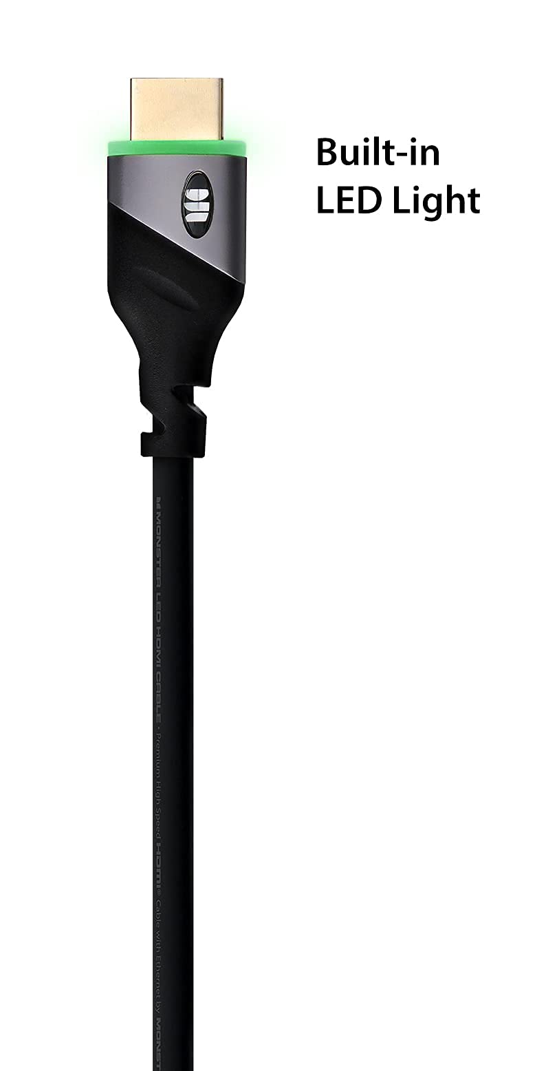 Monster 6ft High Speed 4K HDR HDMI Cable with Built-in Green LED Light, Gaming Video and Computer Cable