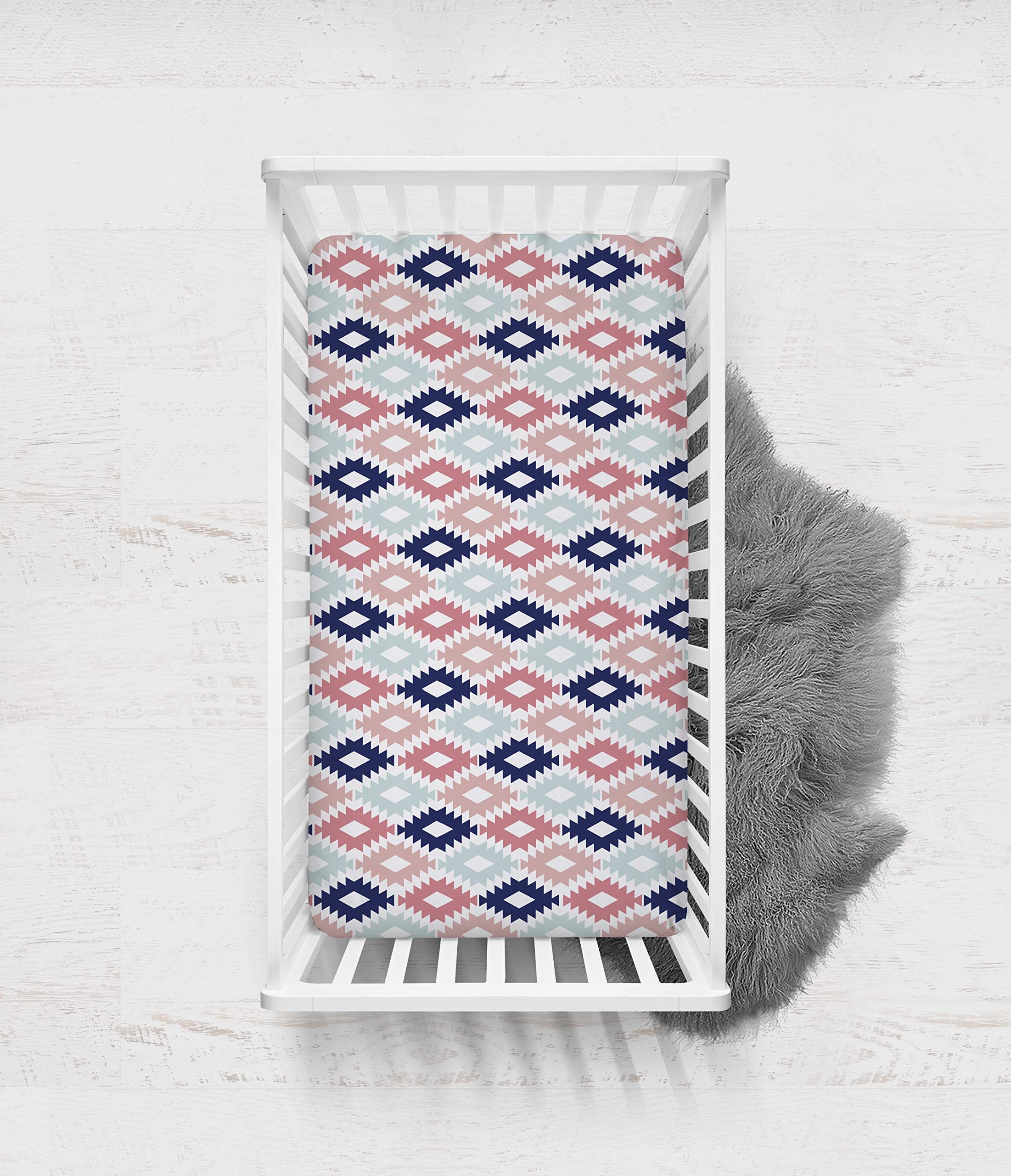Bacati - 2 Pack Emma Aztec Kilim Printed Girls 100% Cotton Universal Baby US Standard Crib or Toddler Bed Fitted Sheets (Coral Mint Navy)