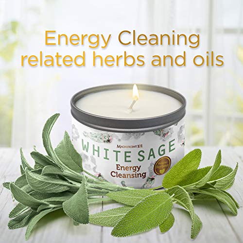 MAGNIFICENT 101 White Sage Smudge Candle for House Energy Cleansing, Banishes Negative Energy I Purification and Chakra Healing - Natural Soy Wax Tin Candle