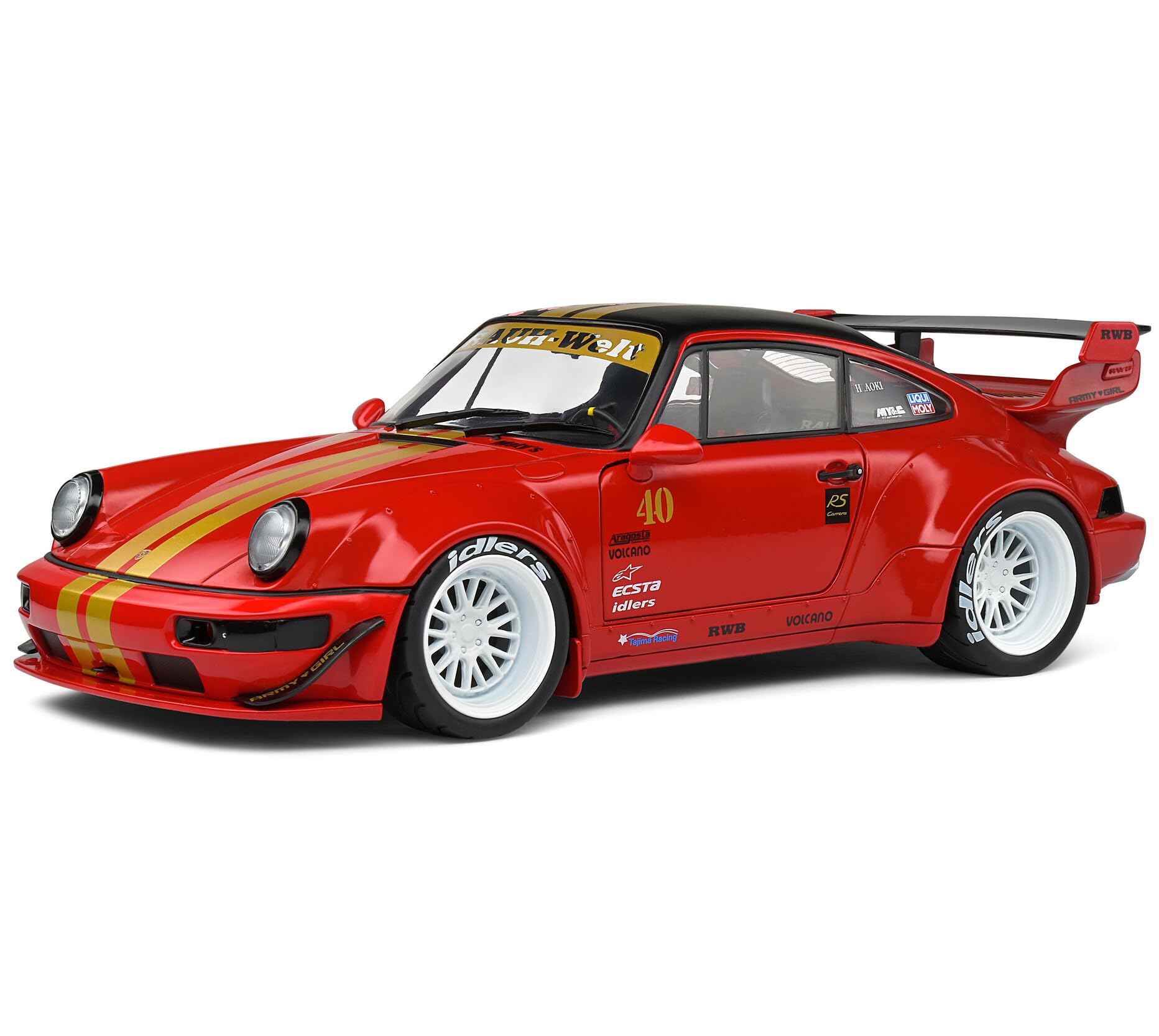 2021 RWB Bodykit #40 Red with Gold Stripes, Black Top and Cherry Blossom Graphics Red Sakura 1/18 Diecast Model Car by Solido S1807506