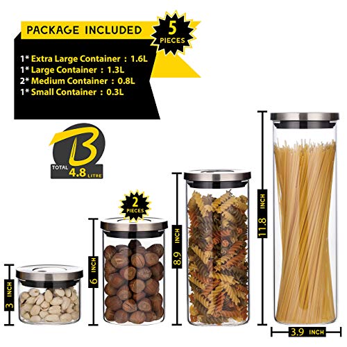 Balchy 5-Piece Canisters Sets with Silicone Seal Borosilicate Glass Jars Vacuum Seal for Tea Coffee Sugar Pop Flour Canister for Kitchen