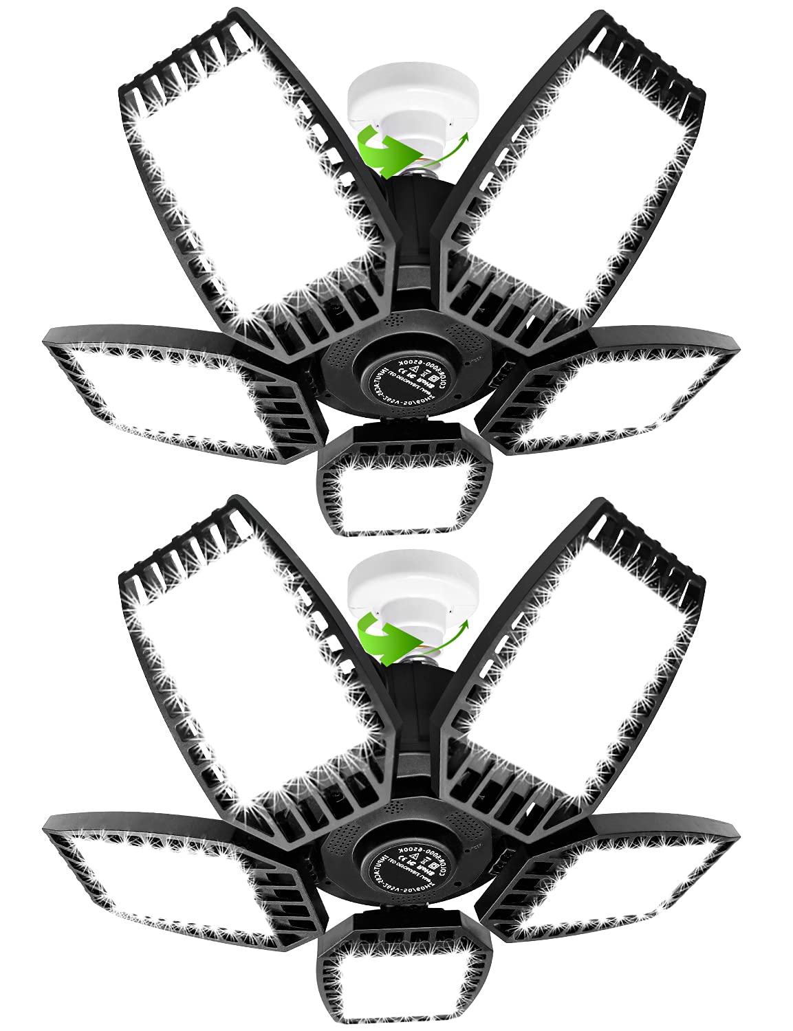 2-Pack LED Garage Lights, 100W Deformable E26/E27 Garage Ceiling Light, 10000LM Five-Leaf Adjustable Garage Lighting Fixture, CRI>80, 6500k Nature Light, for Workshop, Workbench, Barn, Basement