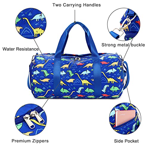 CAMTOP Kids Duffel Overnight Bag Boys Girls Weekender Carry-On Personalized Tote for Travel Gym Sport (Dinosaur-Dark Blue)