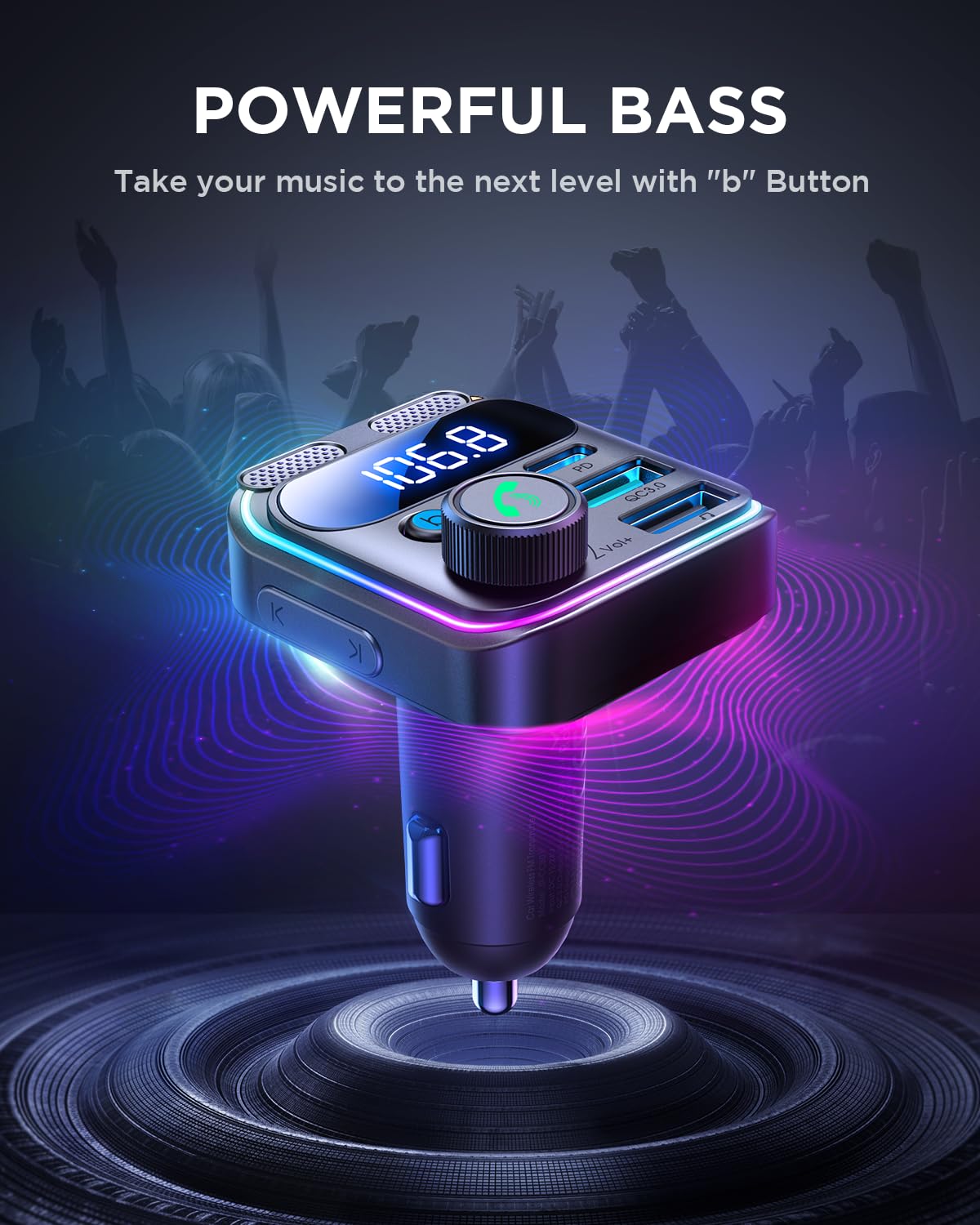 2023 Upgrade Bluetooth 5.3 FM Transmitter Car Adapter [Stronger Dual Mics & HiFi Deep Bass Sound] 48W PD& QC3.0 USB C Car Charger Cigarette Lighter Adapter, Hands-Free Calling Radio Stereo Receiver
