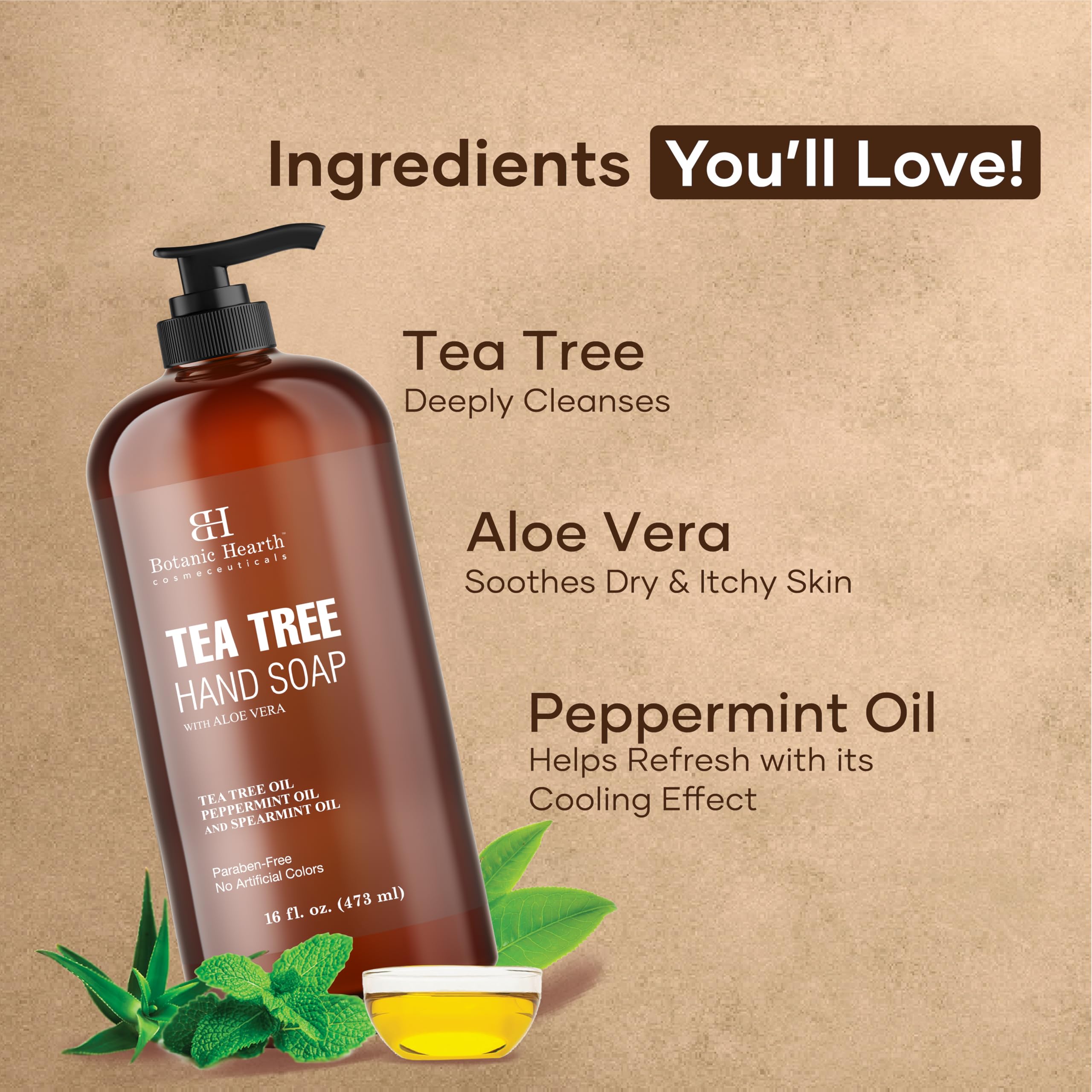 Botanic Hearth Tea Tree Liquid Hand Soap - Sulfate Free Formula - Multi Purpose Hand Wash with Aloe Vera and Premium Grade Tea Tree Oil, Pump Dispenser - 16 fl oz