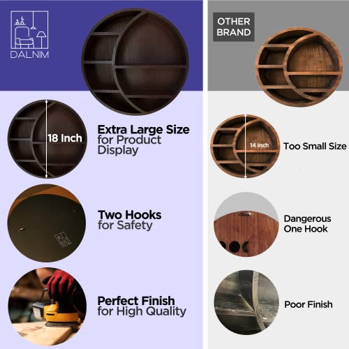 DalNim Extra-Large 18-inch β Premium Moon Shelf β Brown Shelves for Wall Decor β Wooden Display Shelves with 2 Secure Hooks β Healing Crystal and Stone Shelf for Living Room, Meditation Room, Nursery