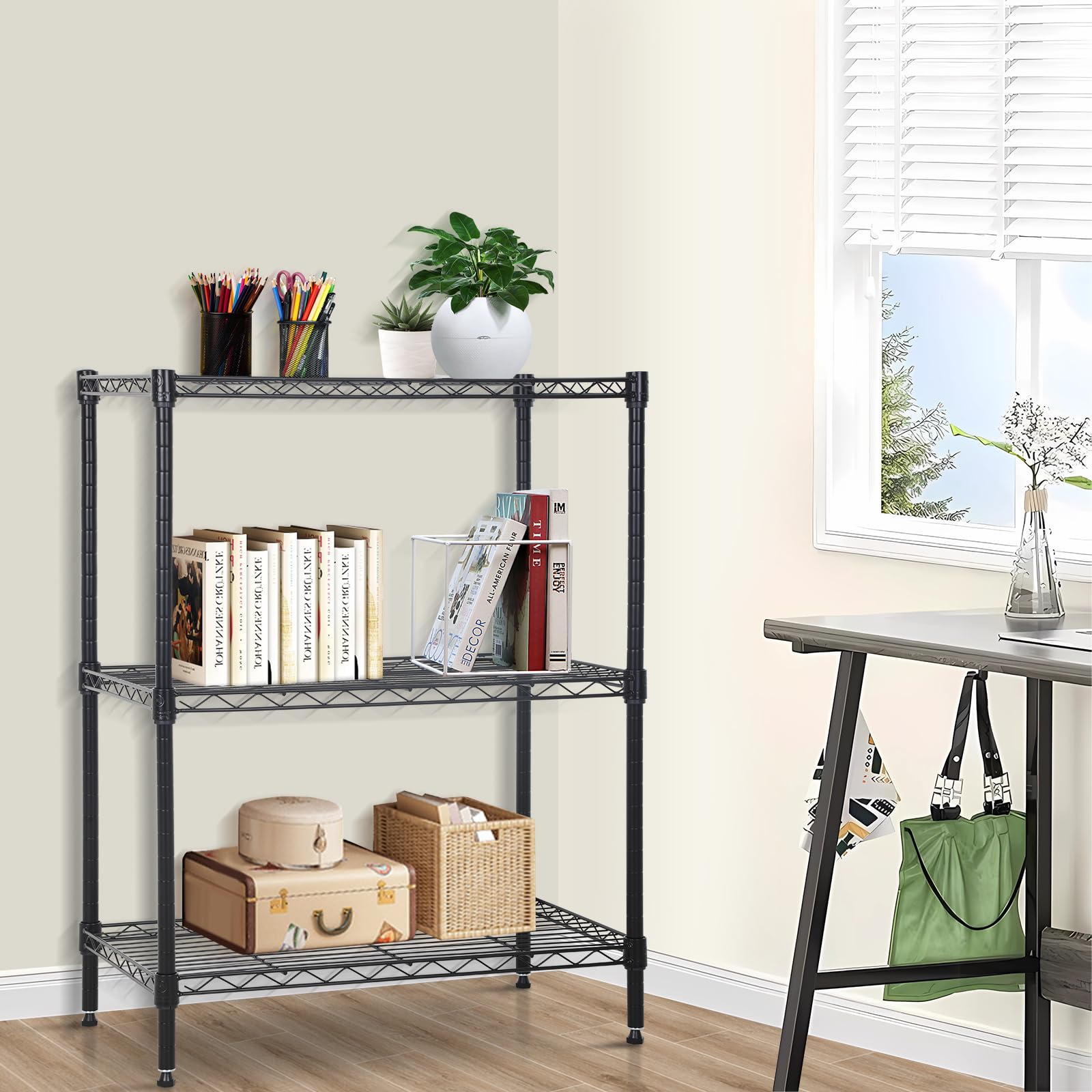 3 Tier Steel Wire Shelving,Adjustable Utility Metal Shelves for Storage,Storage Shelves Heavy Duty with Leveling Feet for Kitchen,Garage,Pantry,Clothset,100ps Per Shelf,Black,(23 x 13.2 x 30.2 inches)